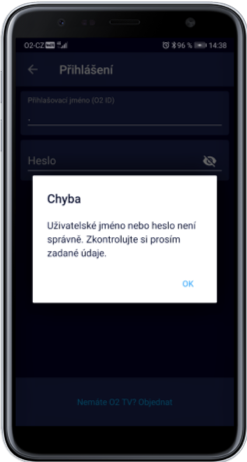O2 | Podpora | Neúspěšné přihlášení do aplikace O2 TV