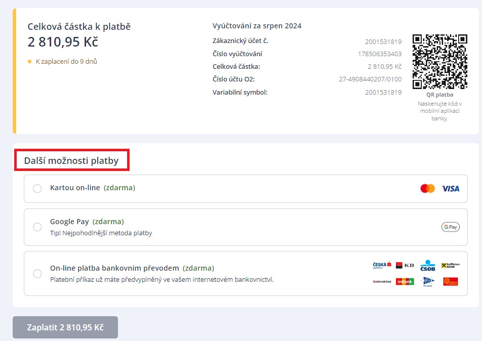 O2 | Podpora | Jakým způsobem a kdy zaplatit vyúčtování